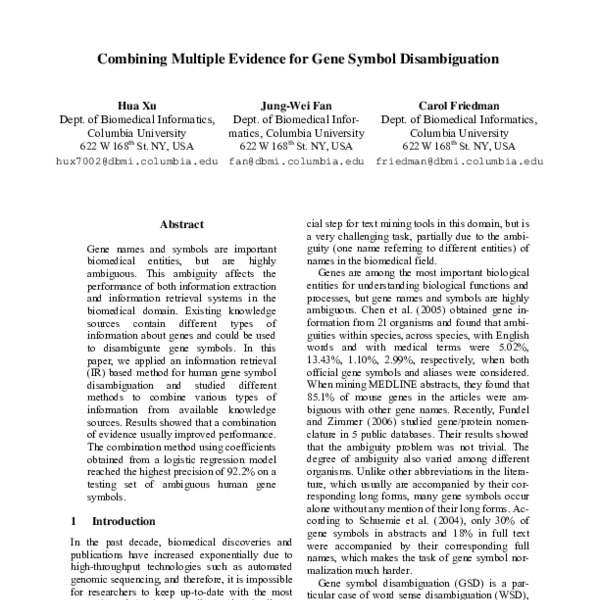 Combining multiple evidence for gene symbol disambiguation - ACL Anthology