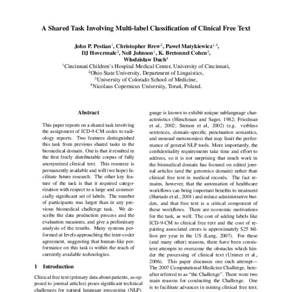 A shared task involving multi-label classification of clinical free text - ACL Anthology