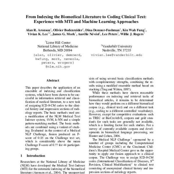 From Indexing The Biomedical Literature To Coding Clinical Text Experience With Mti And Machine