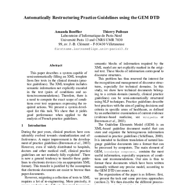 Automatically Restructuring Practice Guidelines using the GEM DTD - ACL Anthology