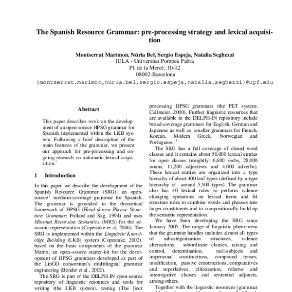 The Spanish Resource Grammar: Pre-processing Strategy and Lexical ...