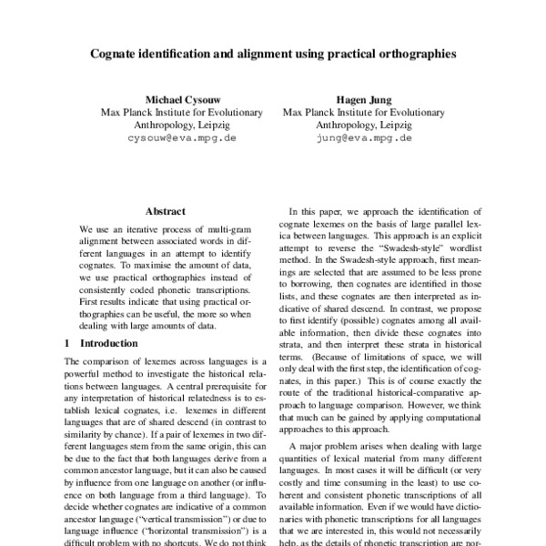 Cognate Identification And Alignment Using Practical Orthographies