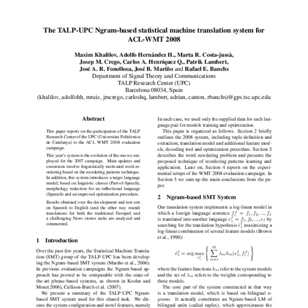 The TALP-UPC Ngram-Based Statistical Machine Translation System for ACL ...