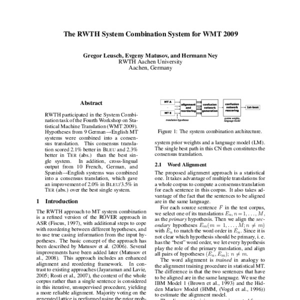 The RWTH System Combination System for WMT 2009 - ACL Anthology