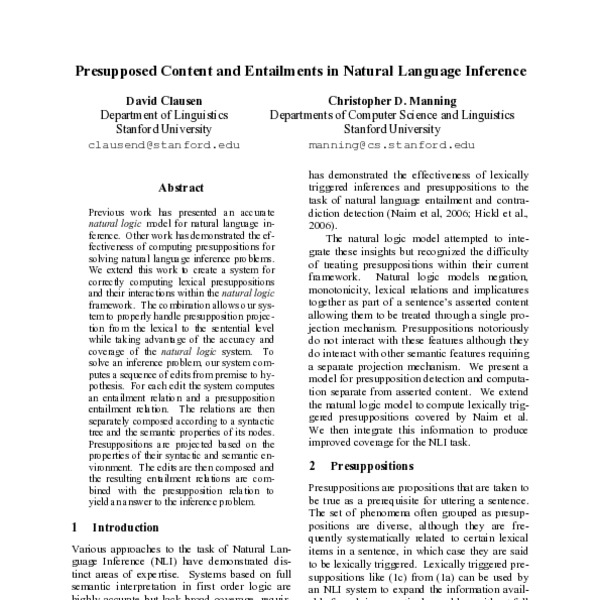 Presupposed Content and Entailments in Natural Language Inference - ACL ...
