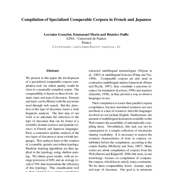 Compilation of Specialized Comparable Corpora in French and Japanese ...