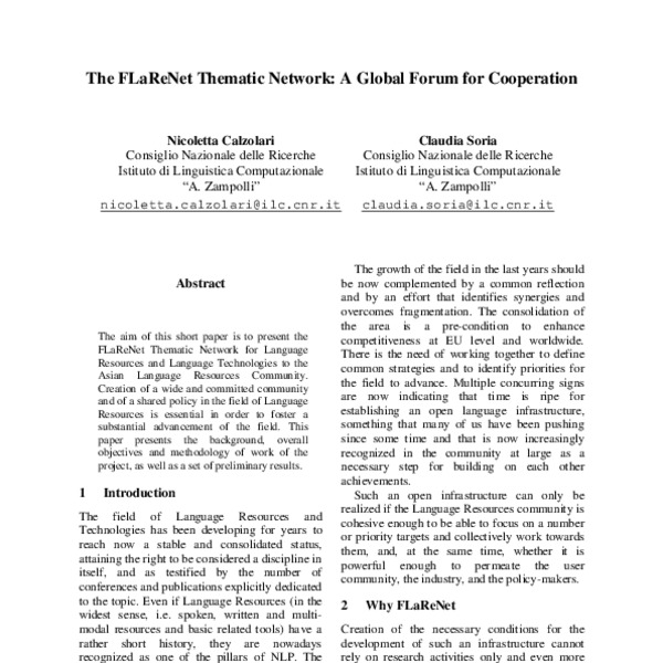 The FLaReNet Thematic Network: A Global Forum for Cooperation - ACL ...