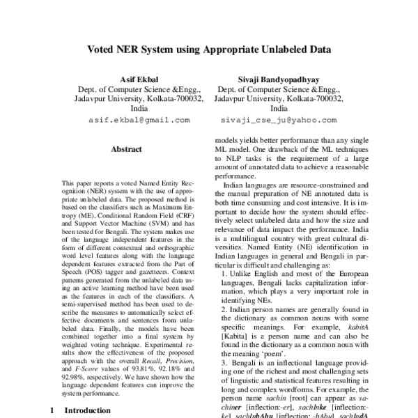 Voted NER System using Appropriate Unlabeled Data - ACL Anthology