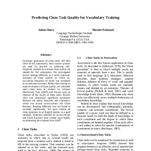 Predicting Cloze Task Quality for Vocabulary Training - ACL Anthology