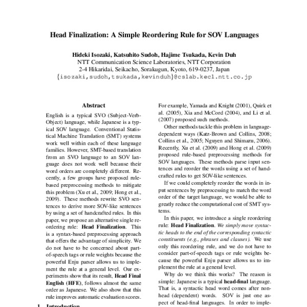 Head Finalization: A Simple Reordering Rule for SOV Languages - ACL ...