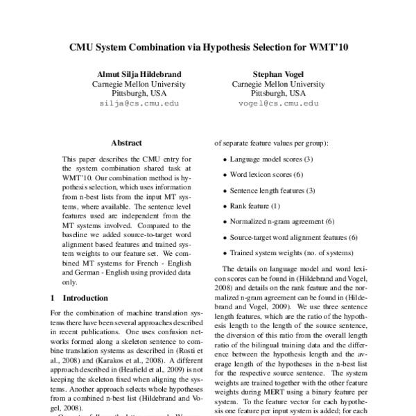 CMU System Combination via Hypothesis Selection for WMT’10 - ACL Anthology