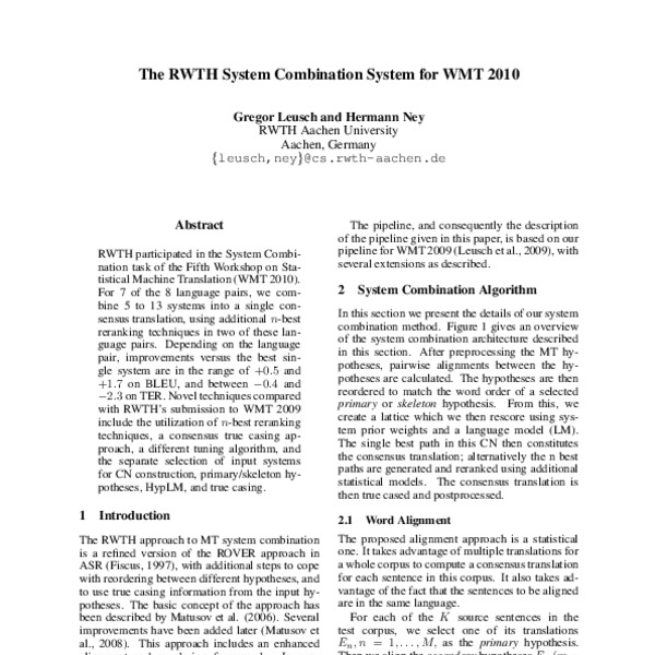 The RWTH System Combination System for WMT 2010 - ACL Anthology