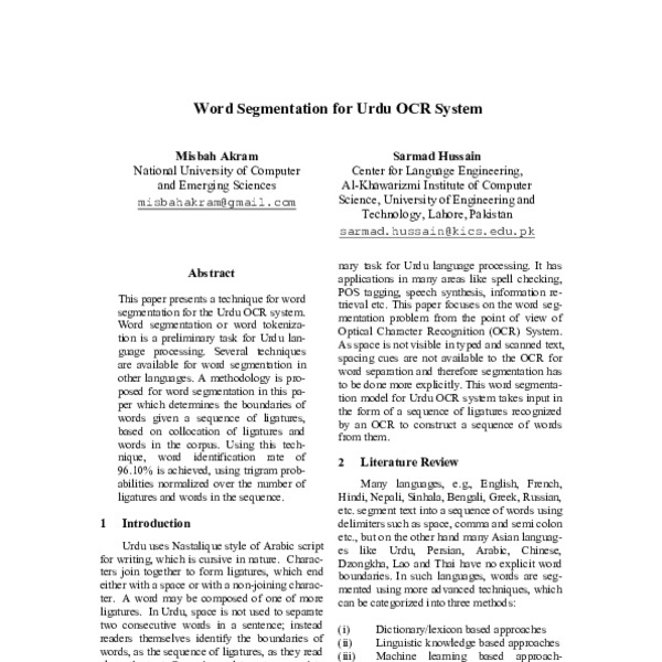 Word Segmentation For Urdu Ocr System Acl Anthology
