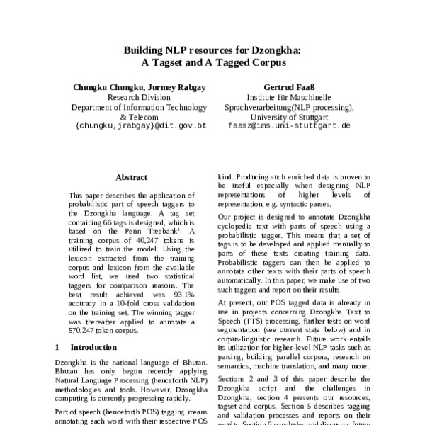 Building NLP resources for Dzongkha: A Tagset and A Tagged Corpus - ACL ...