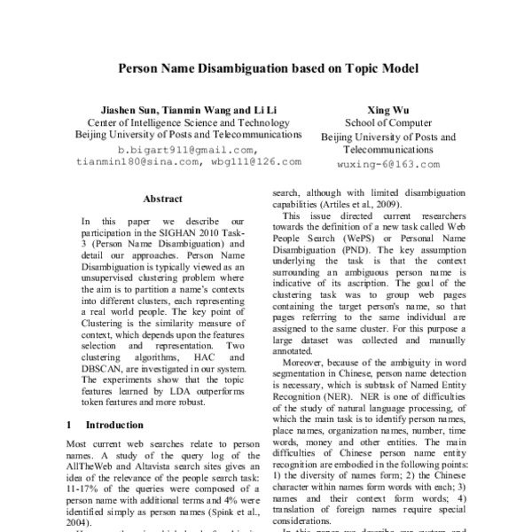 Person Name Disambiguation based on Topic Model - ACL Anthology
