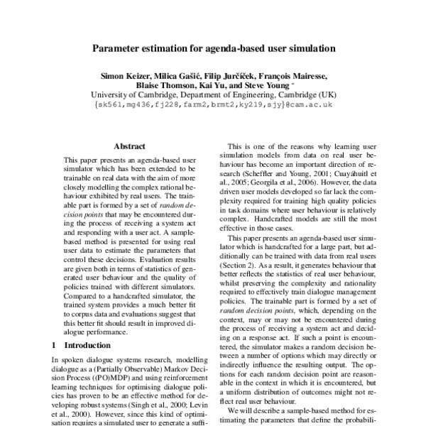 Parameter estimation for agenda-based user simulation - ACL Anthology