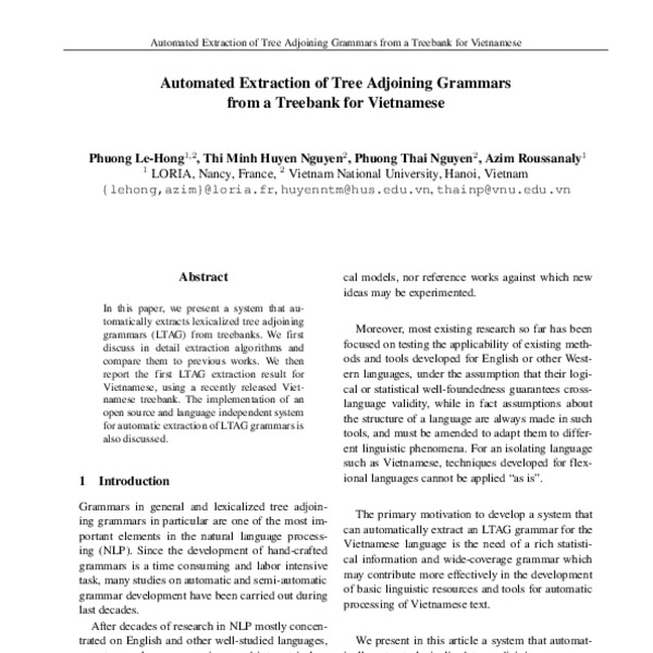 Automated Extraction Of Tree Adjoining Grammars From A Treebank For Vietnamese Acl Anthology