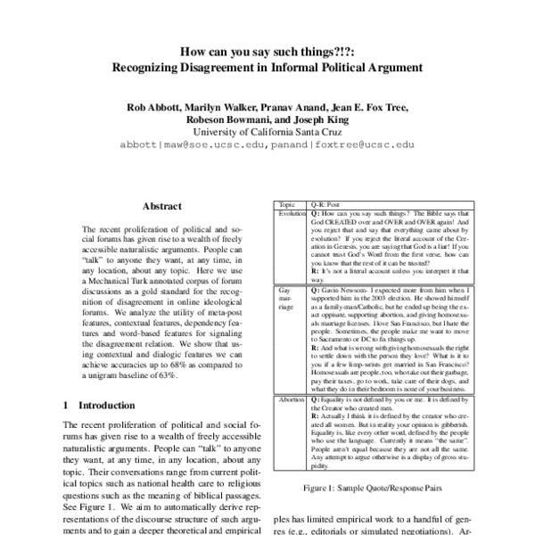How can you say such things?!?: Recognizing Disagreement in Informal Political Argument - ACL ...