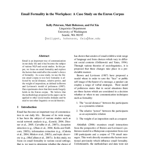 Email Formality in the Workplace: A Case Study on the Enron Corpus ...