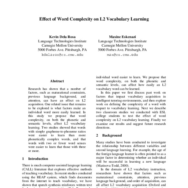 Effect of Word Complexity on L2 Vocabulary Learning - ACL Anthology