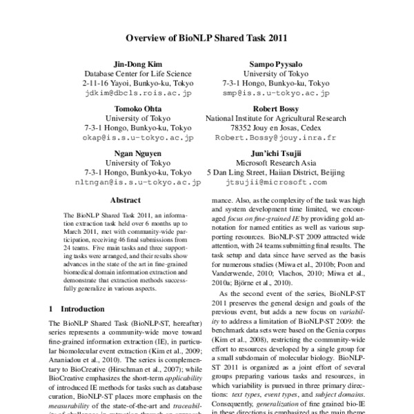 Overview of BioNLP Shared Task 2011 - ACL Anthology