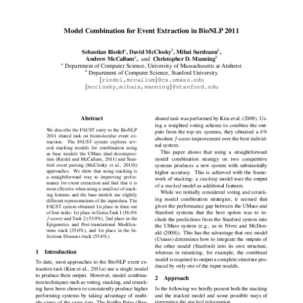 Model Combination for Event Extraction in BioNLP 2011 - ACL Anthology