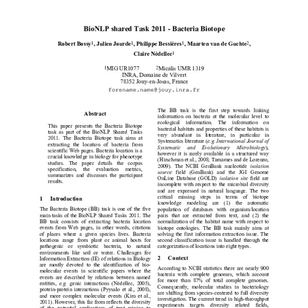 BioNLP Shared Task 2011 - Bacteria Biotope - ACL Anthology