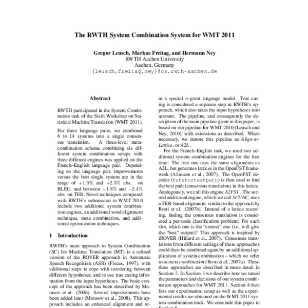 The RWTH System Combination System for WMT 2011 - ACL Anthology