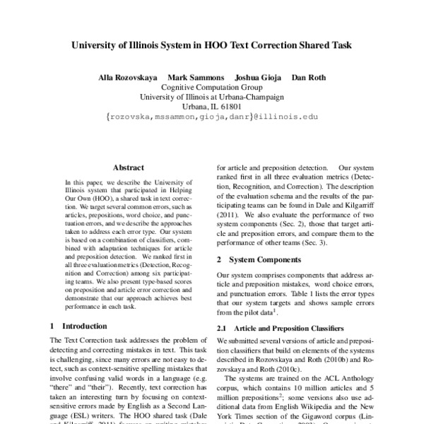 University of Illinois System in HOO Text Correction Shared Task - ACL ...