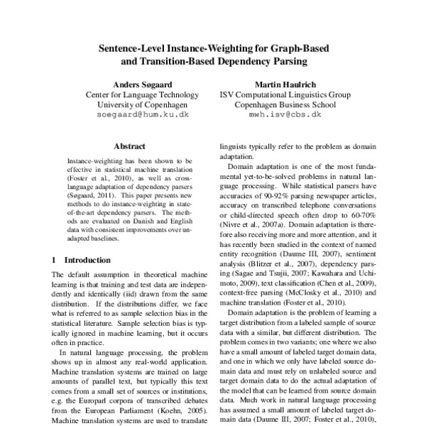 Sentence Level Instance Weighting For Graph Based And Transition Based