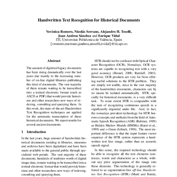 Handwritten Text Recognition for Historical Documents - ACL Anthology