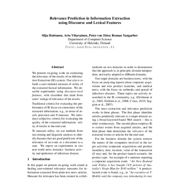 Relevance Prediction in Information Extraction using Discourse and Lexical Features - ACL Anthology