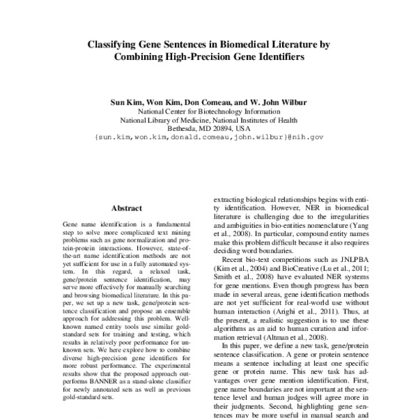 Classifying Gene Sentences in Biomedical Literature by Combining High ...