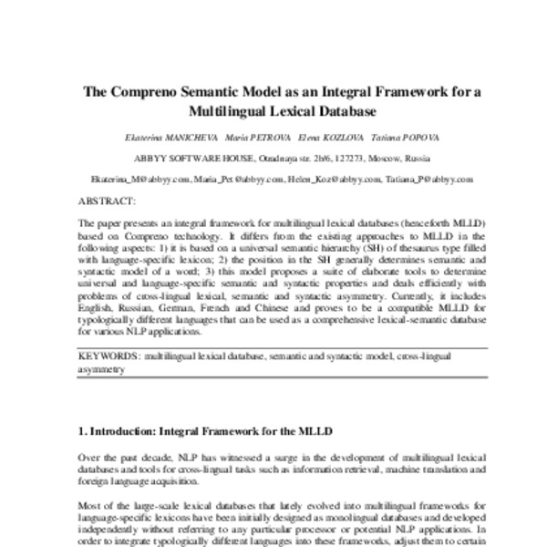 The Compreno Semantic Model as Integral Framework for Multilingual Lexical Database - ACL Anthology