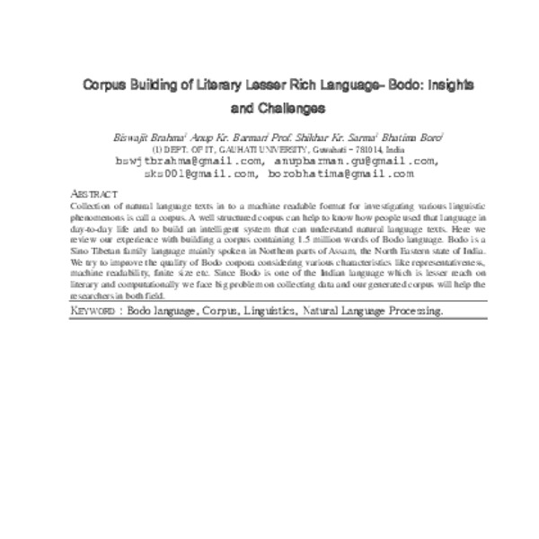 Corpus Building of Literary Lesser Rich Language-Bodo: Insights and ...