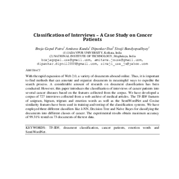 Classification of Interviews - A Case Study on Cancer Patients - ACL ...