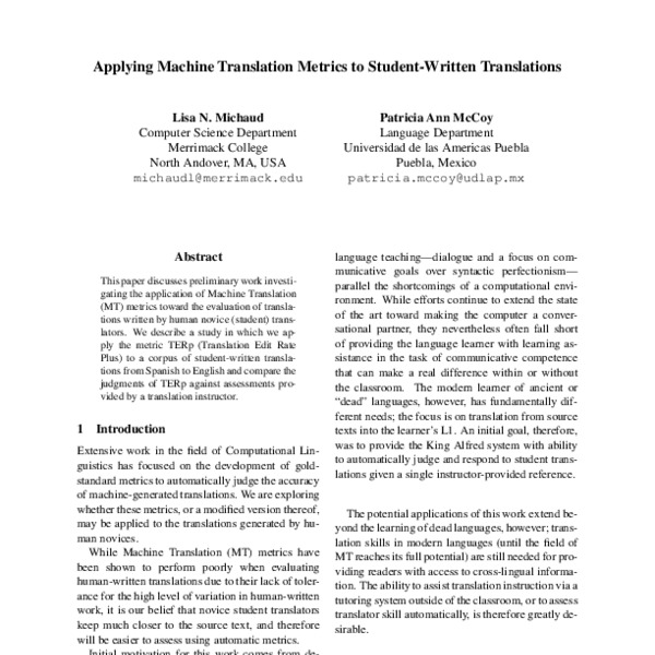 Applying Machine Translation Metrics to Student-Written Translations - ACL Anthology