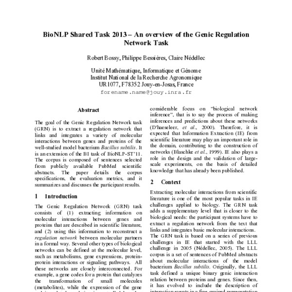 BioNLP Shared Task 2013 – An overview of the Genic Regulation Network ...
