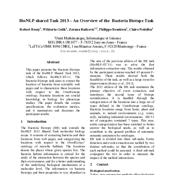 BioNLP shared Task 2013 – An Overview of the Bacteria Biotope Task ...