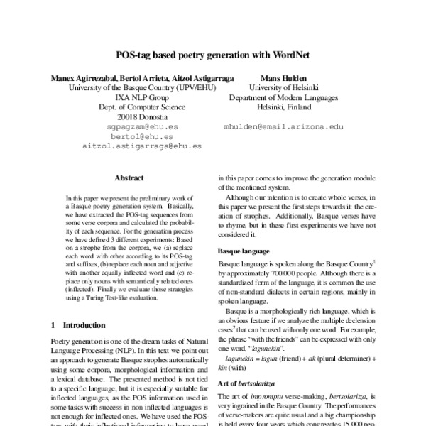 POS-Tag Based Poetry Generation with WordNet - ACL Anthology