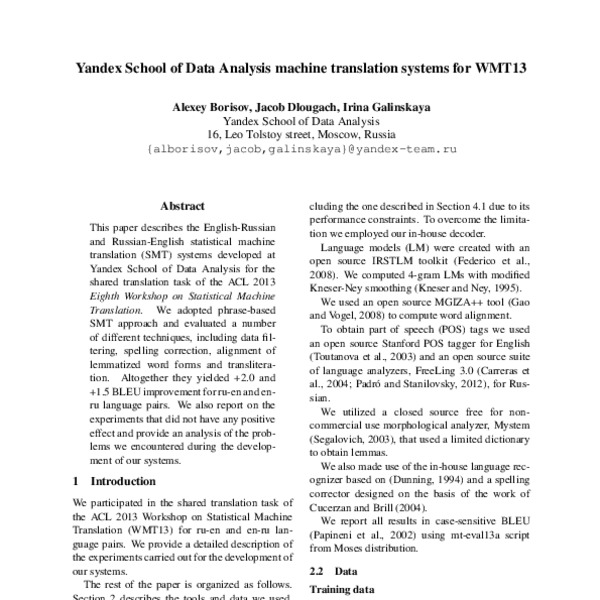 Yandex School of Data Analysis Machine Translation Systems for WMT13 - ACL Anthology