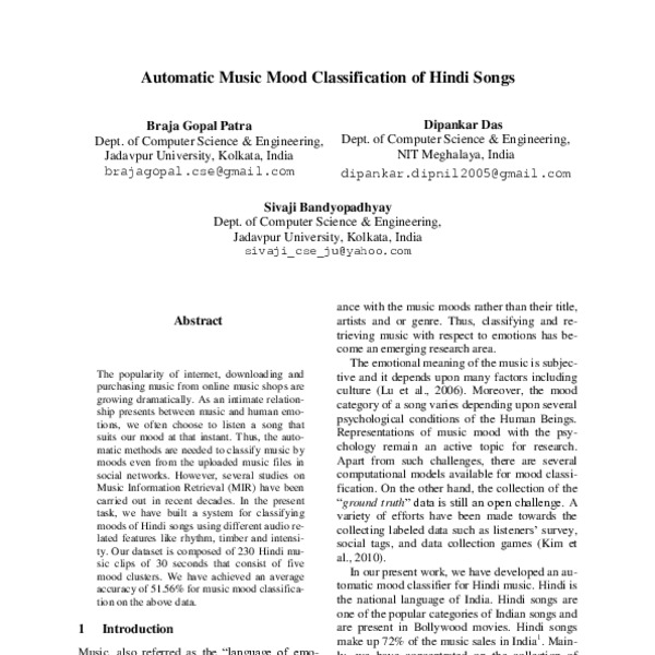 Automatic Music Mood Classification of Hindi Songs - ACL Anthology