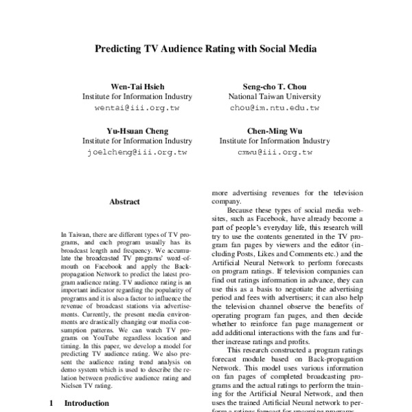 Predicting TV Audience Rating with Social Media - ACL Anthology