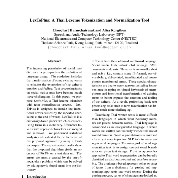 LexToPlus: A Thai Lexeme Tokenization and Normalization Tool - ACL ...