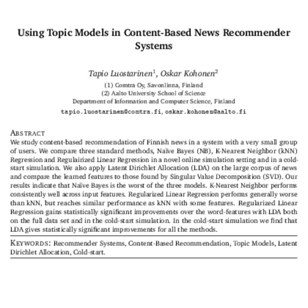 Using Topic Models in Content-Based News Recommender Systems - ACL ...