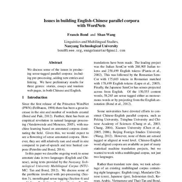 Issues in building English-Chinese parallel corpora with WordNets ...