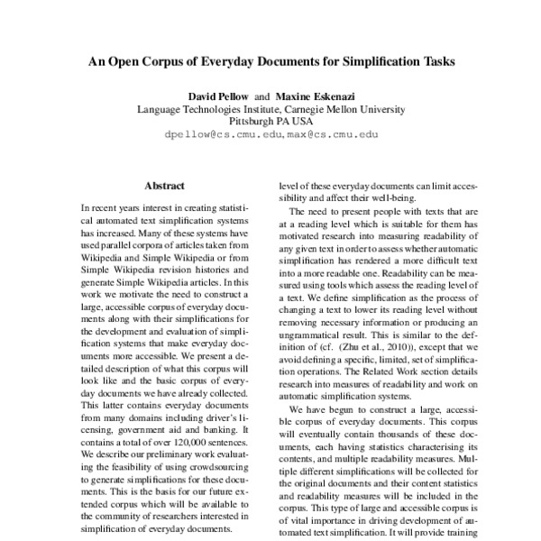 An Open Corpus of Everyday Documents for Simplification Tasks - ACL ...