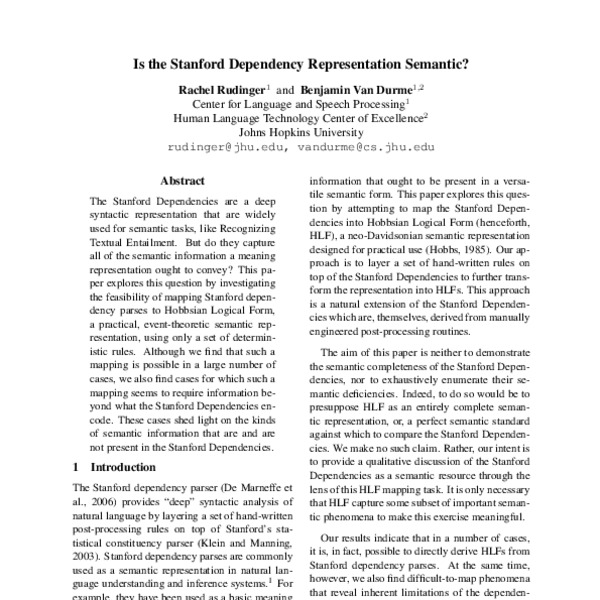 Is the Stanford Dependency Representation Semantic? - ACL Anthology