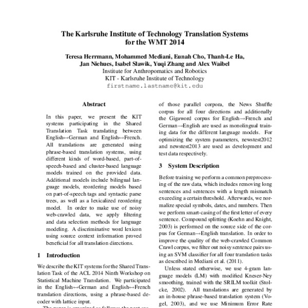 The Karlsruhe Institute of Technology Translation Systems for the WMT ...