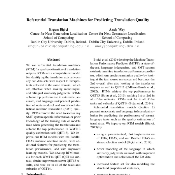 Referential Translation Machines For Predicting Translation Quality Acl Anthology